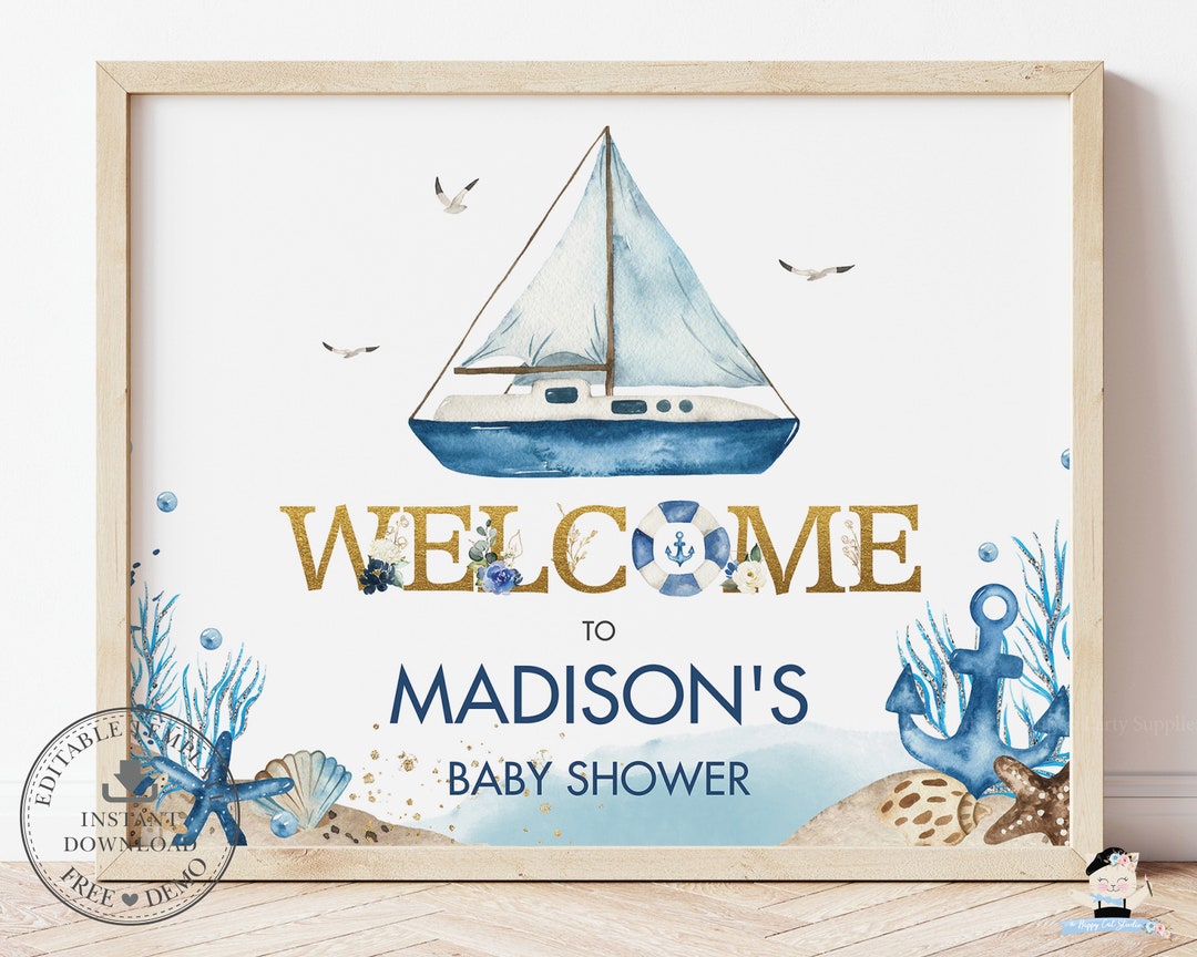 Nautical Ahoy It's a Boy Welcome Sign EDITABLE TEMPLATE, Chic Blue Boat ...