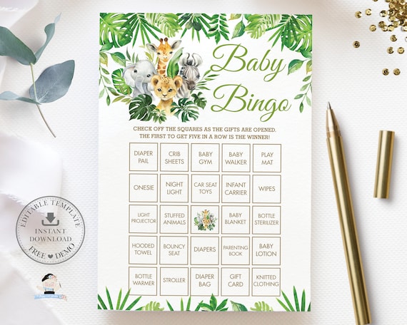 EDITABLE TEMPLATE, Jungle Animals Greenery Baby Shower Bingo Game ...