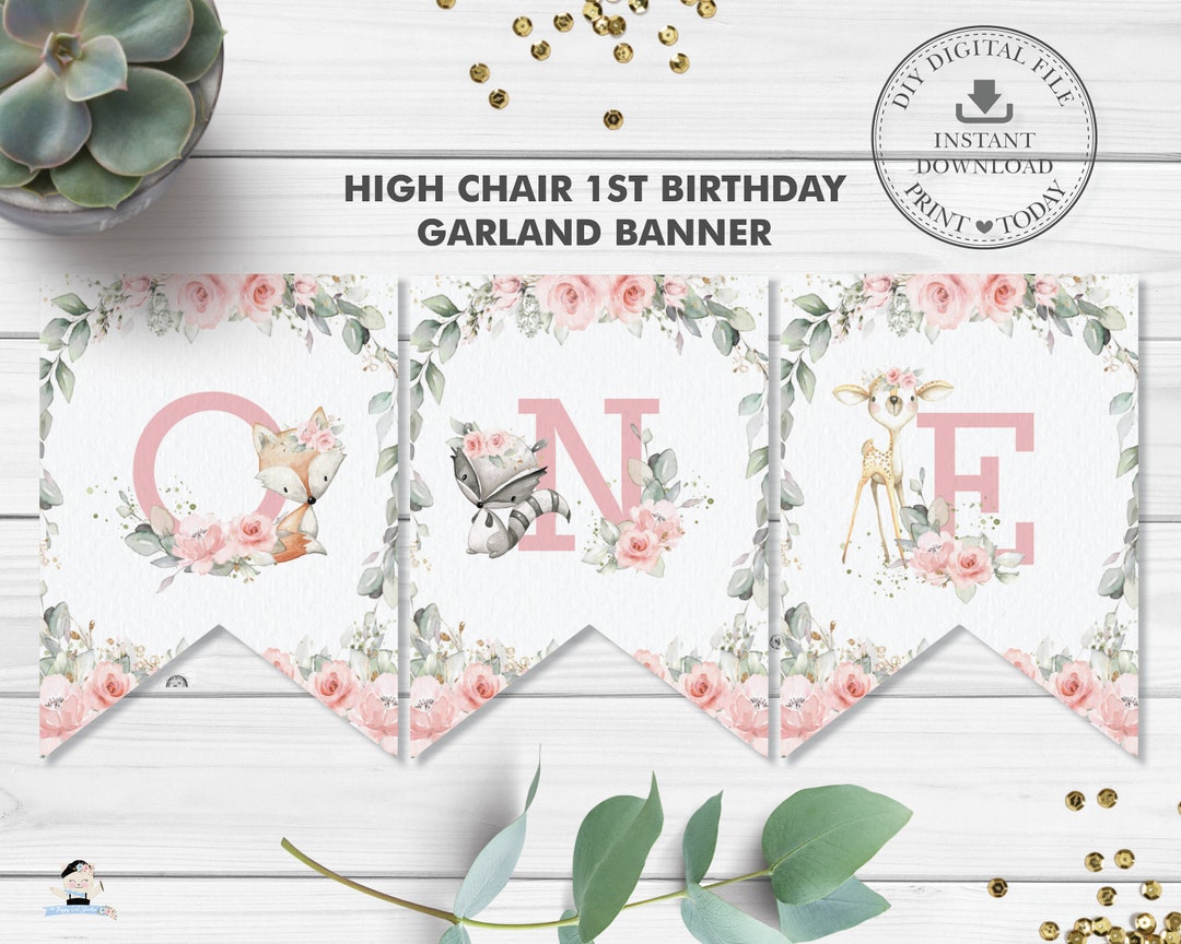 Woodland Animals 1st Birthday High Chair Banner, Pink Floral Greenery ...