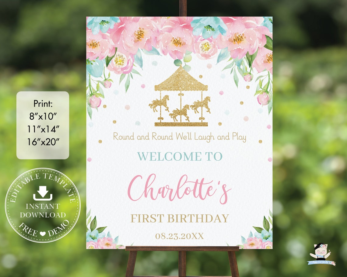 Pink Mint Floral Carousel Welcome Sign, EDITABLE TEMPLATE, Merry Go ...