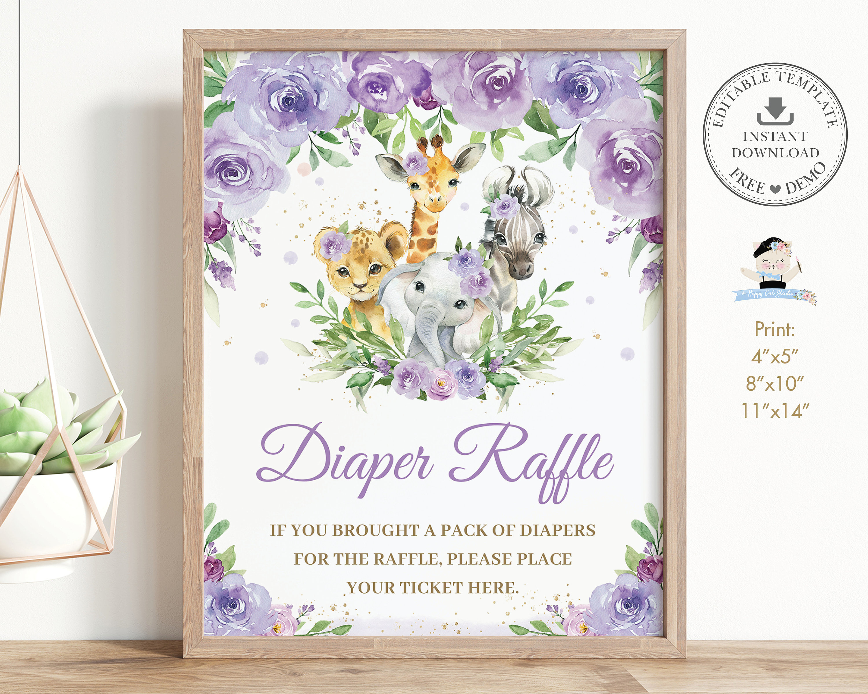 Jungle Animals Tabletop Sign Bundle, EDITABLE TEMPLATE, Purple Floral ...