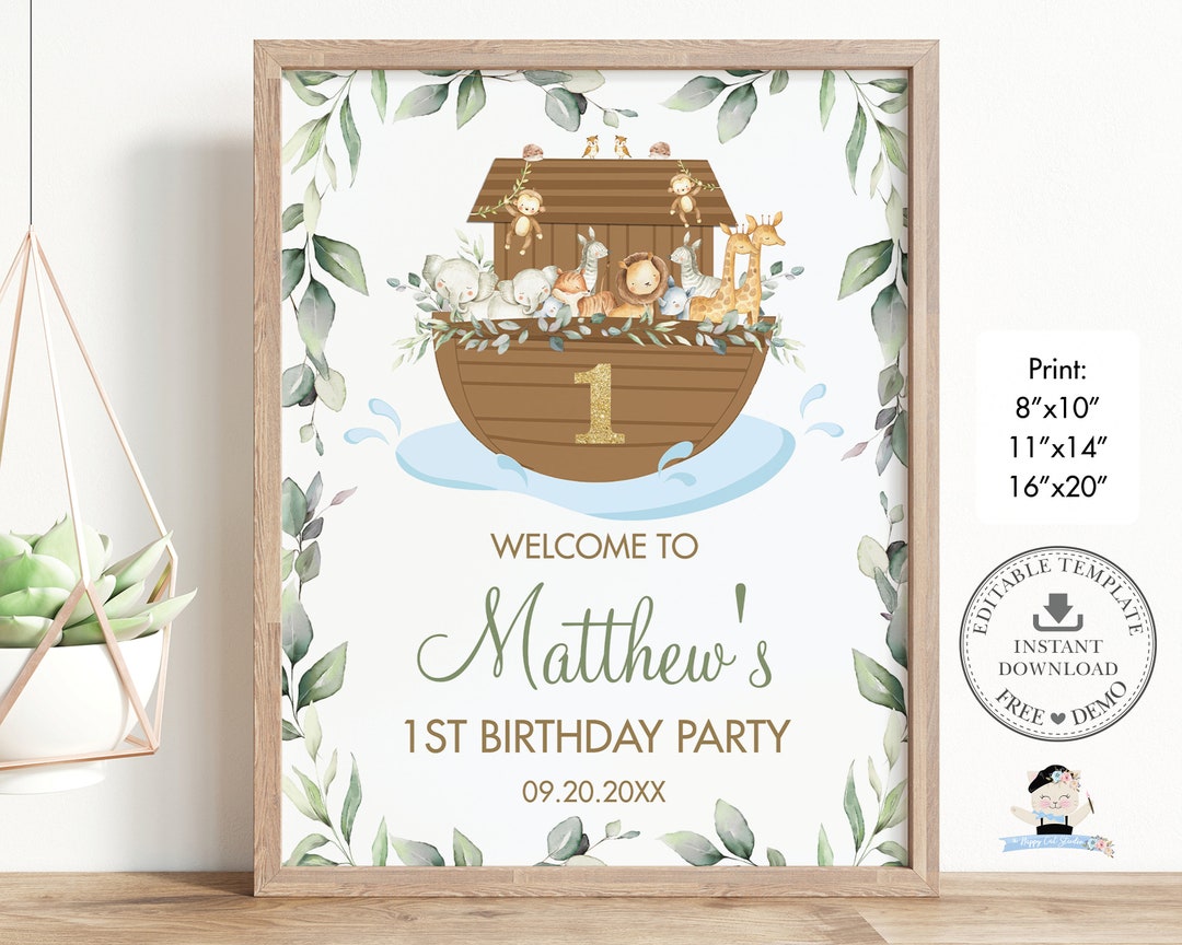 Noah's Ark Welcome Sign EDITABLE TEMPLATE, Greenery Noahs Cute Animals ...