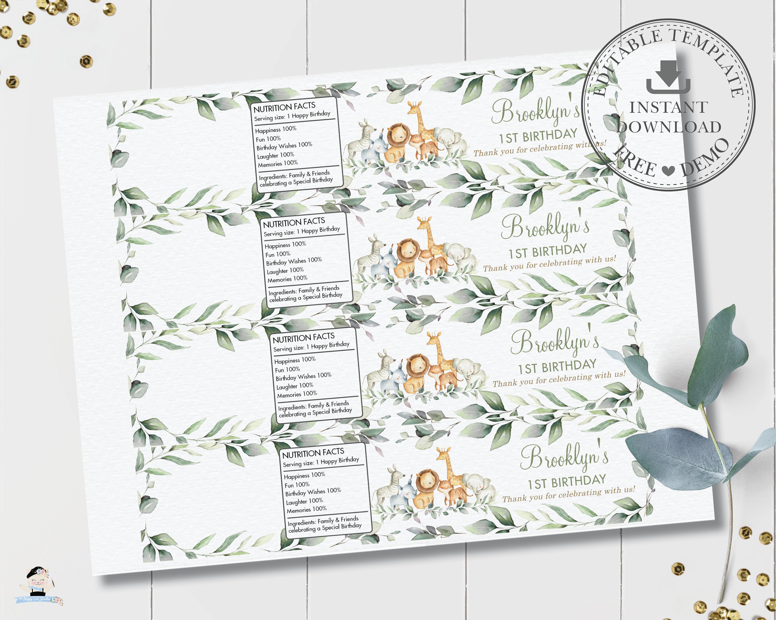 Jungle Animals Water Bottle Labels, EDITABLE TEMPLATE, Safari Greenery ...