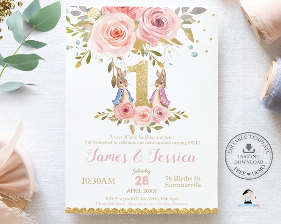 Twins Boy Girl Bunny Rabbit Invitation, EDITABLE TEMPLATE, Blush Floral ...