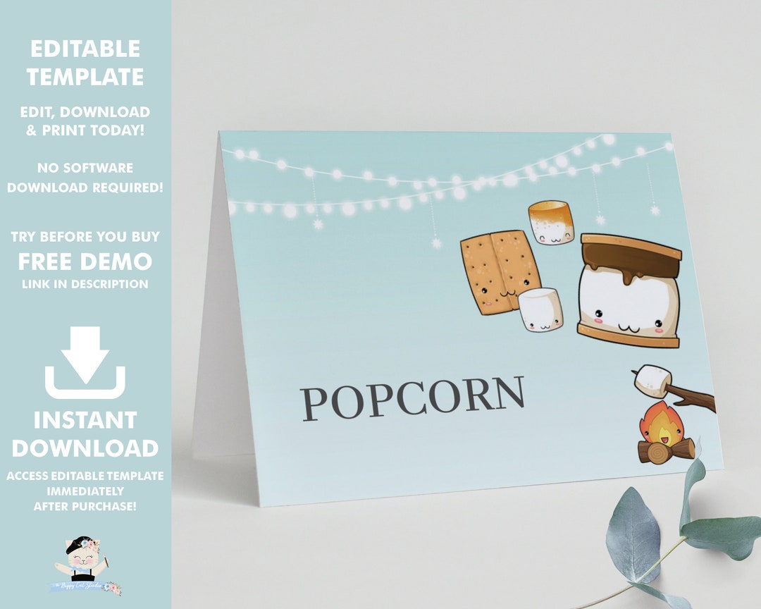 EDITABLE TEMPLATE S'mores Food Tents Printable, Cute Kawaii Smore Place ...