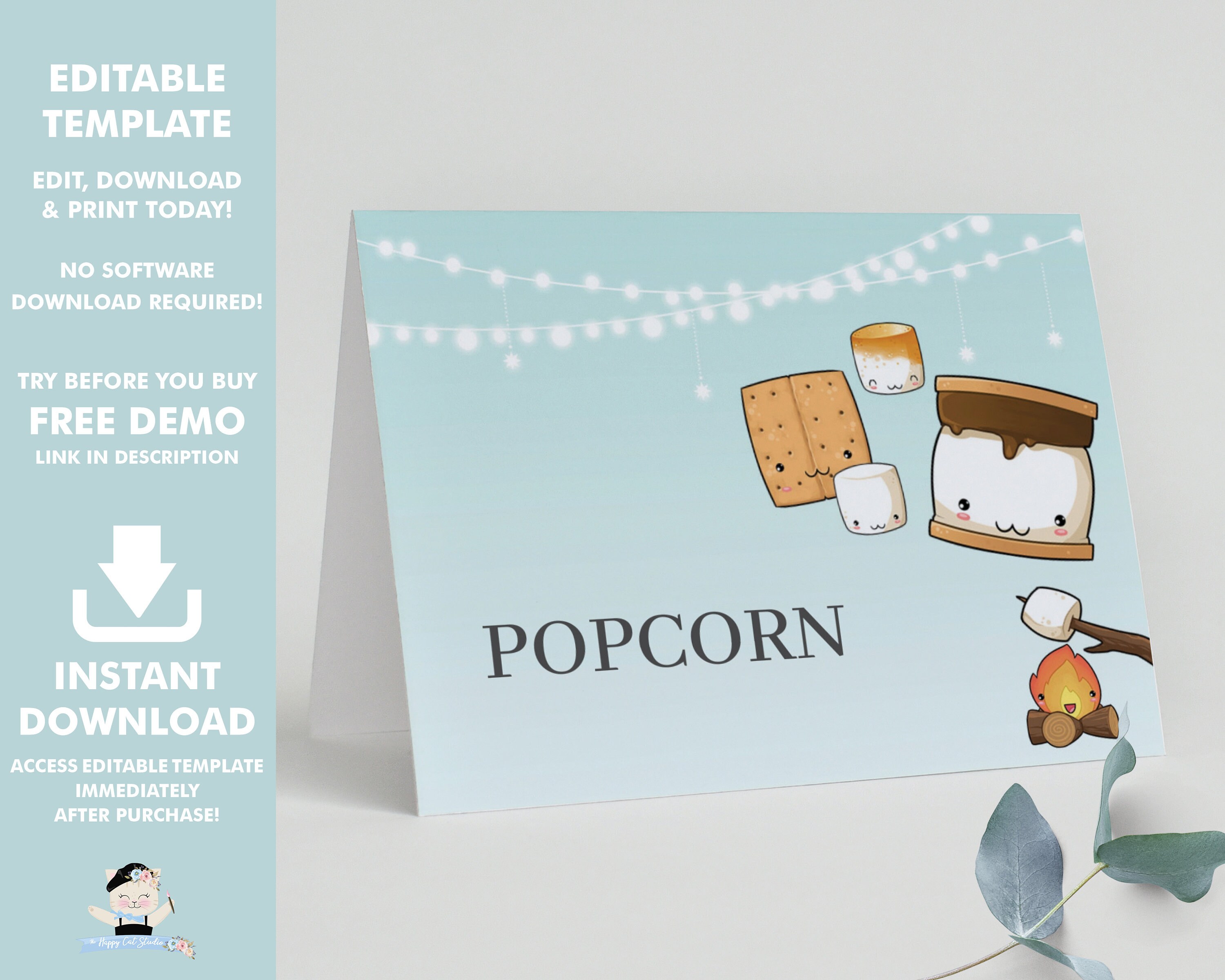 EDITABLE TEMPLATE S'mores Food Tents Printable, Cute Kawaii Smore Place ...