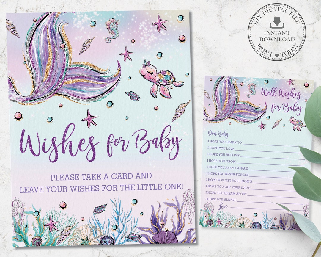 Mermaid Wishes for Baby Card & Sign, Girl Mermaid Tail Baby Shower ...