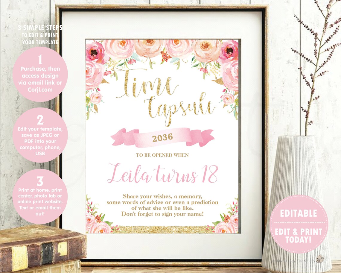 EDITABLE Floral Time Capsule Sign With Message Card Wishes for - Etsy ...