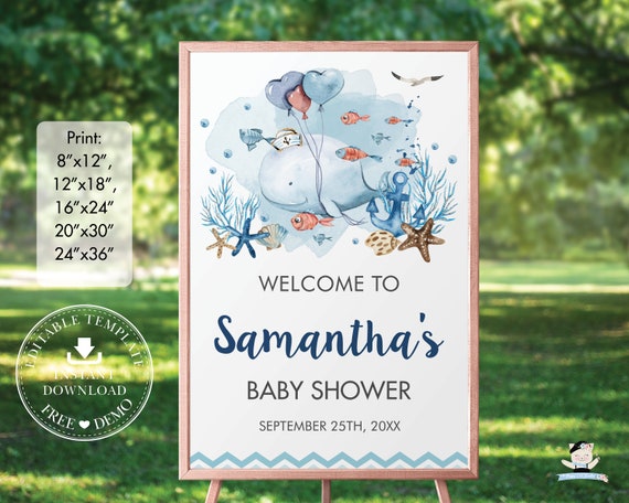 Whale Nautical Welcome Sign, EDITABLE TEMPLATE, Chic Blue Under the Sea ...