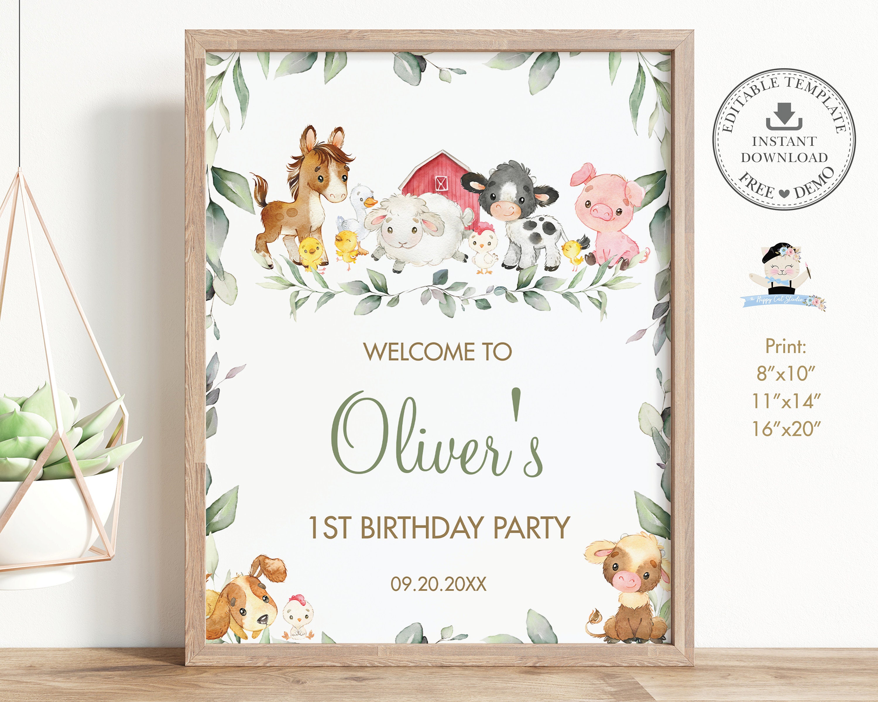 Cute Farm Animals Greenery Welcome Sign EDITABLE TEMPLATE | Etsy