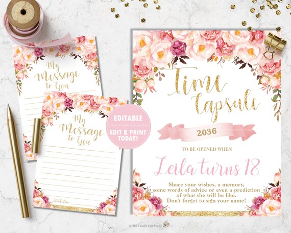 Time Capsule Sign and Message Card EDITABLE TEMPLATE, Time Capsule ...