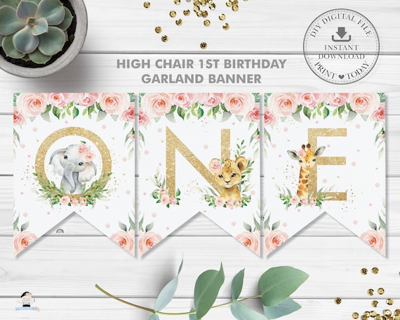 Jungle Animals Pink Floral Greenery 1st Birthday High Chair Banner, One ...