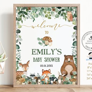 Woodland Animals Welcome Sign, EDITABLE TEMPLATE, Forest Greenery ...