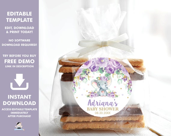 EDITABLE TEMPLATE Elephant 2" Circle Tags, Thank You Sticker Favors ...