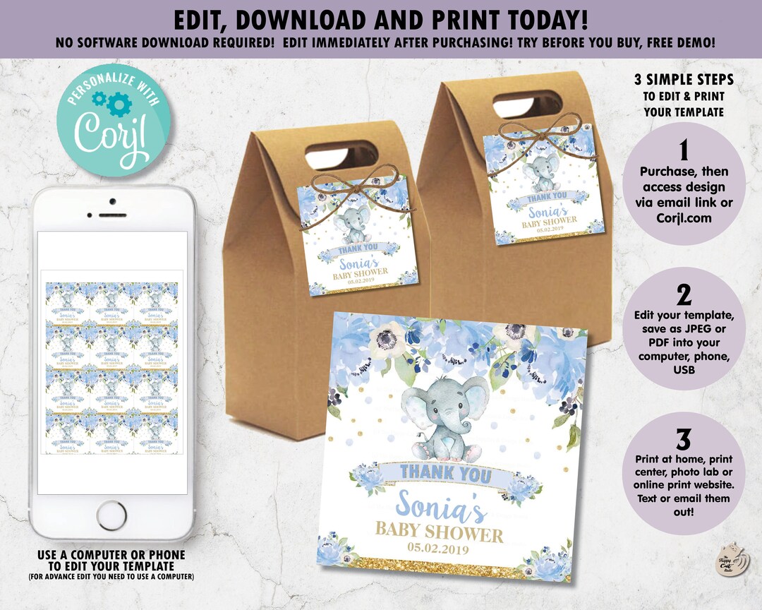 EDITABLE TEMPLATE, Elephant Thank You Tags, Favor, Gift Labels ...