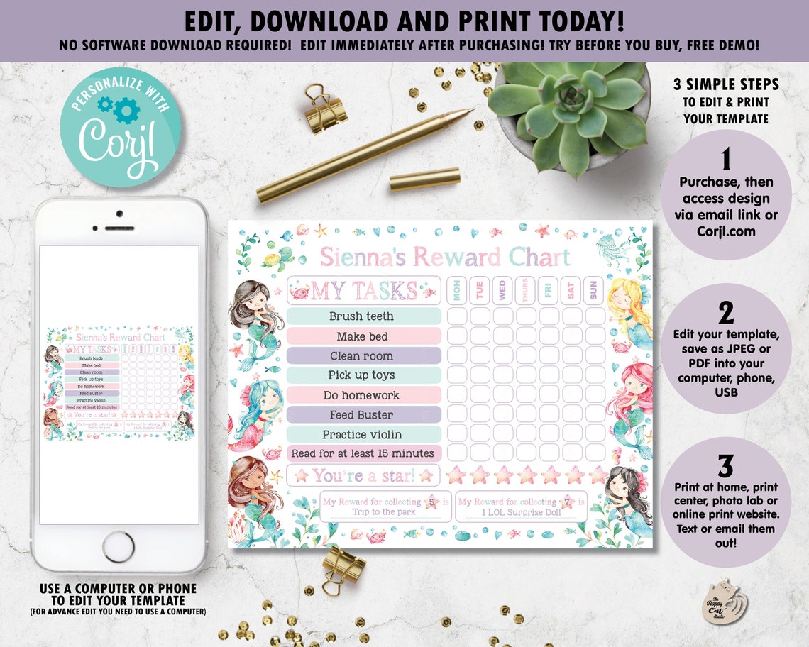 Mermaid Reward Chart Mermaid Digital Printable EDITABLE - Etsy