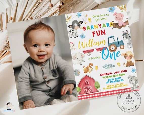 Cute Colorful Farm Animals Birthday Party Photo Invitation Printable ...