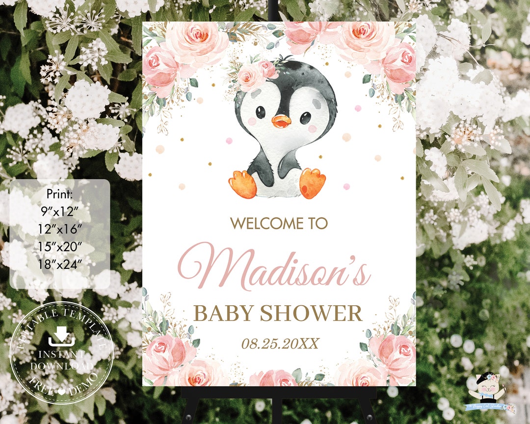 Cute Penguin Welcome Sign, EDITABLE TEMPLATE, Chic Blush Pink Floral ...