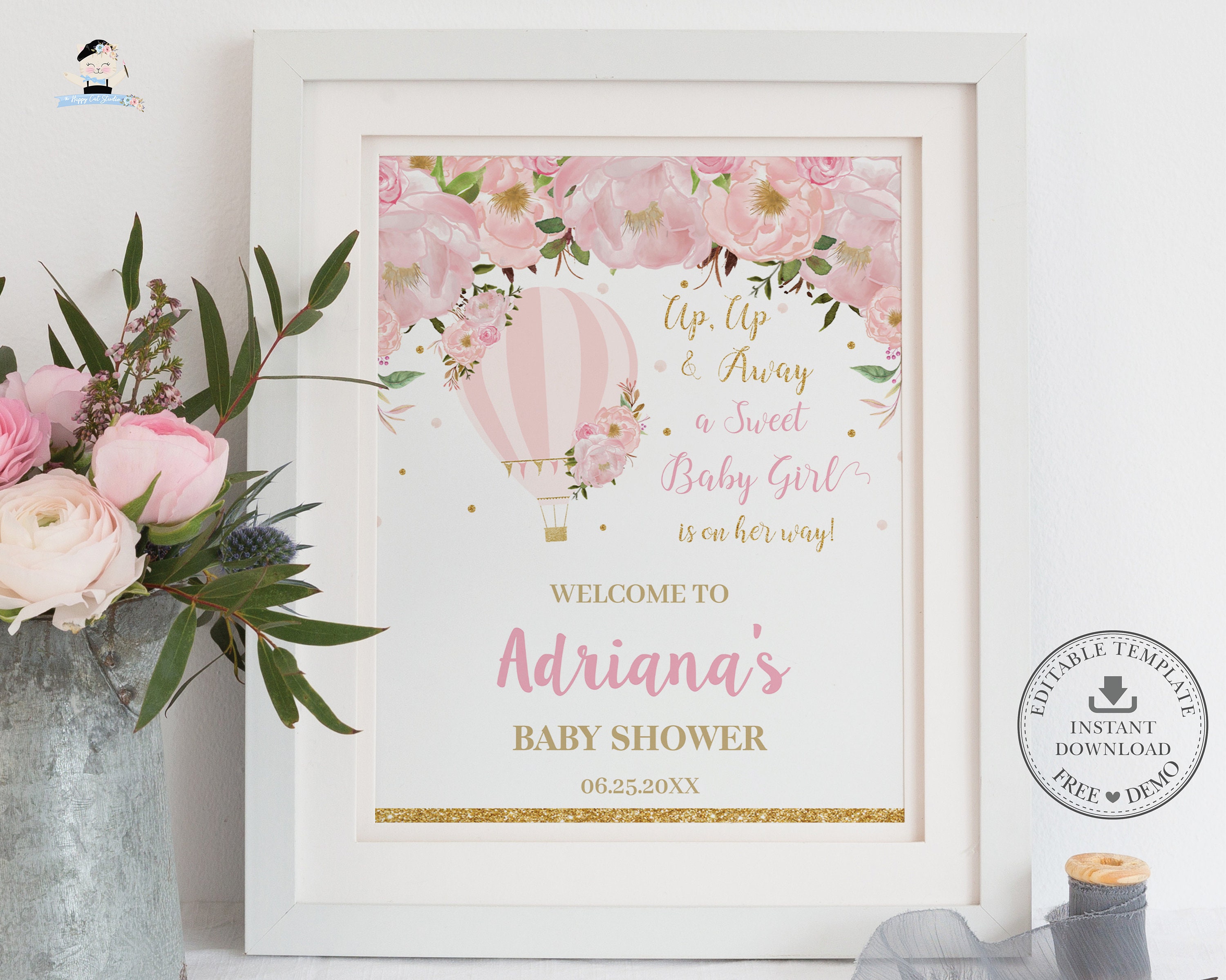 Blush Pink Floral Hot Air Balloon Welcome Sign EDITABLE - Etsy