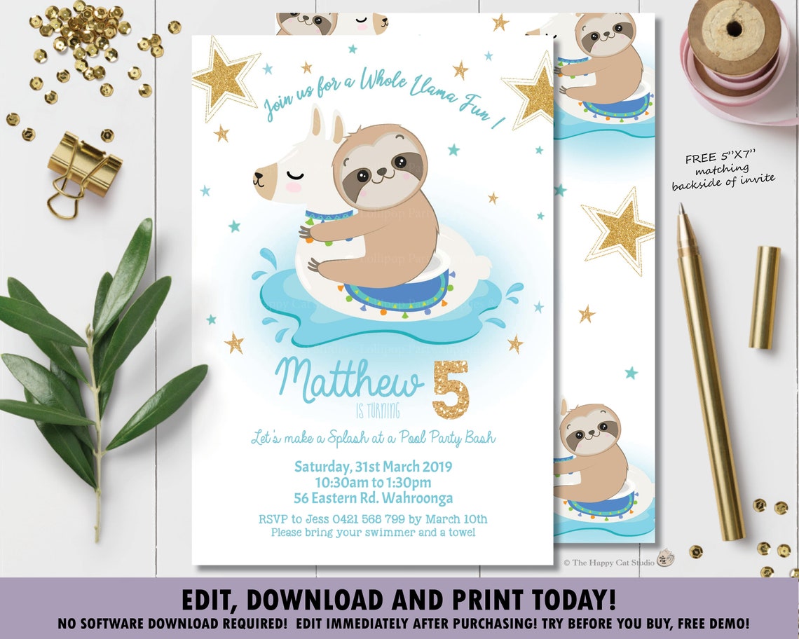 Sloth Pool Party Invitation Sloth Pool Party Invite Sloth | Etsy