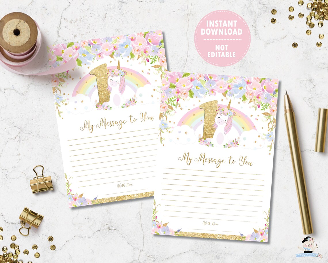 Unicorn Time Capsule Poster Sign and Message Card, 1st First Birthday ...