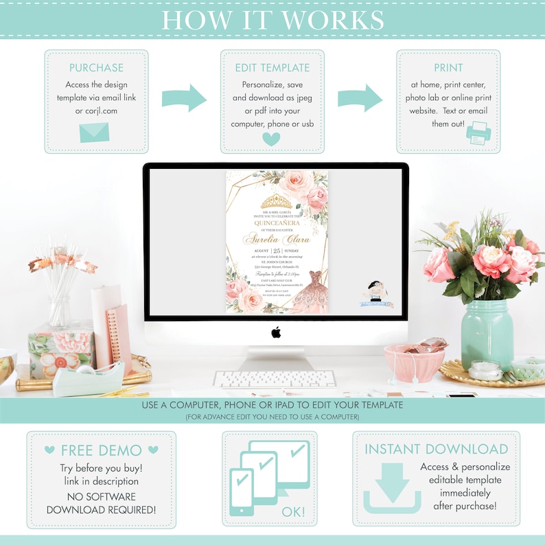 EDITABLE TEMPLATE Quinceanera Mis Quince Anos Chic Blush | Etsy