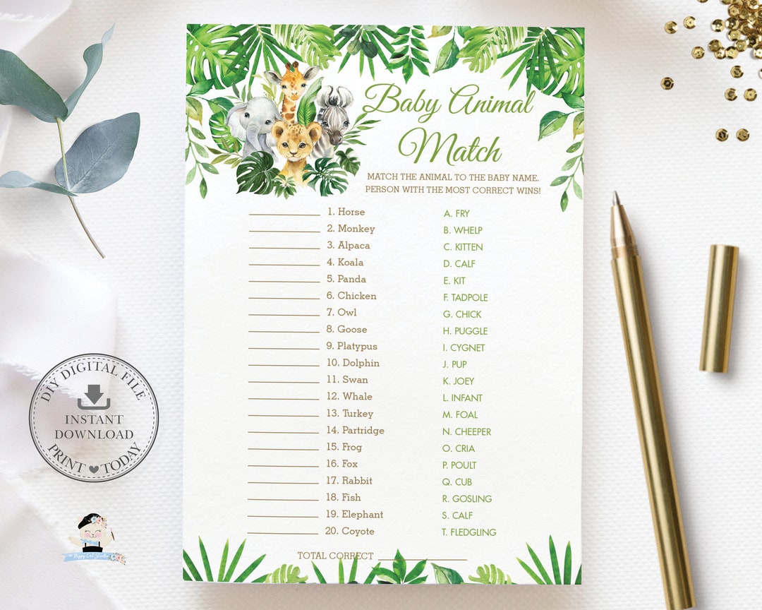 Baby Animal Match Game, INSTANT DOWNLOAD, Greenery Jungle Animals Baby ...