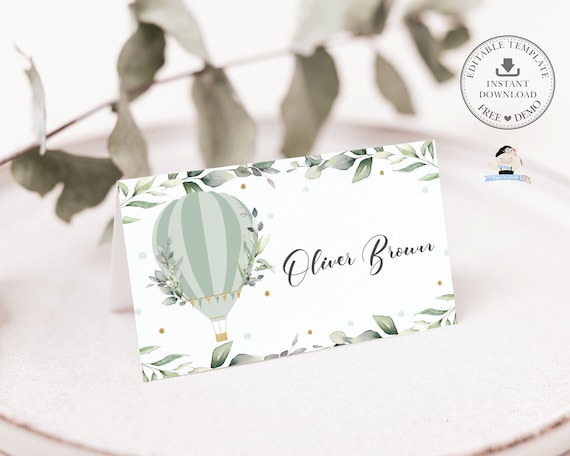 EDITABLE TEMPLATE, Greenery Hot Air Balloon Place Card, Gender Neutral ...