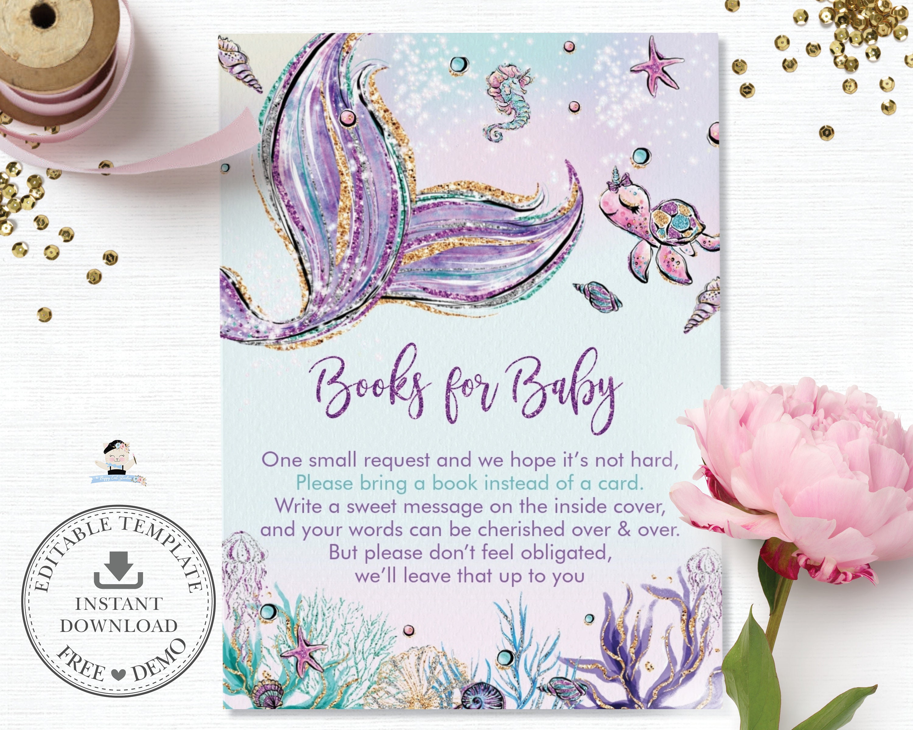 EDITABLE TEMPLATE Mermaid Bring a Book instead of a Card Baby | Etsy