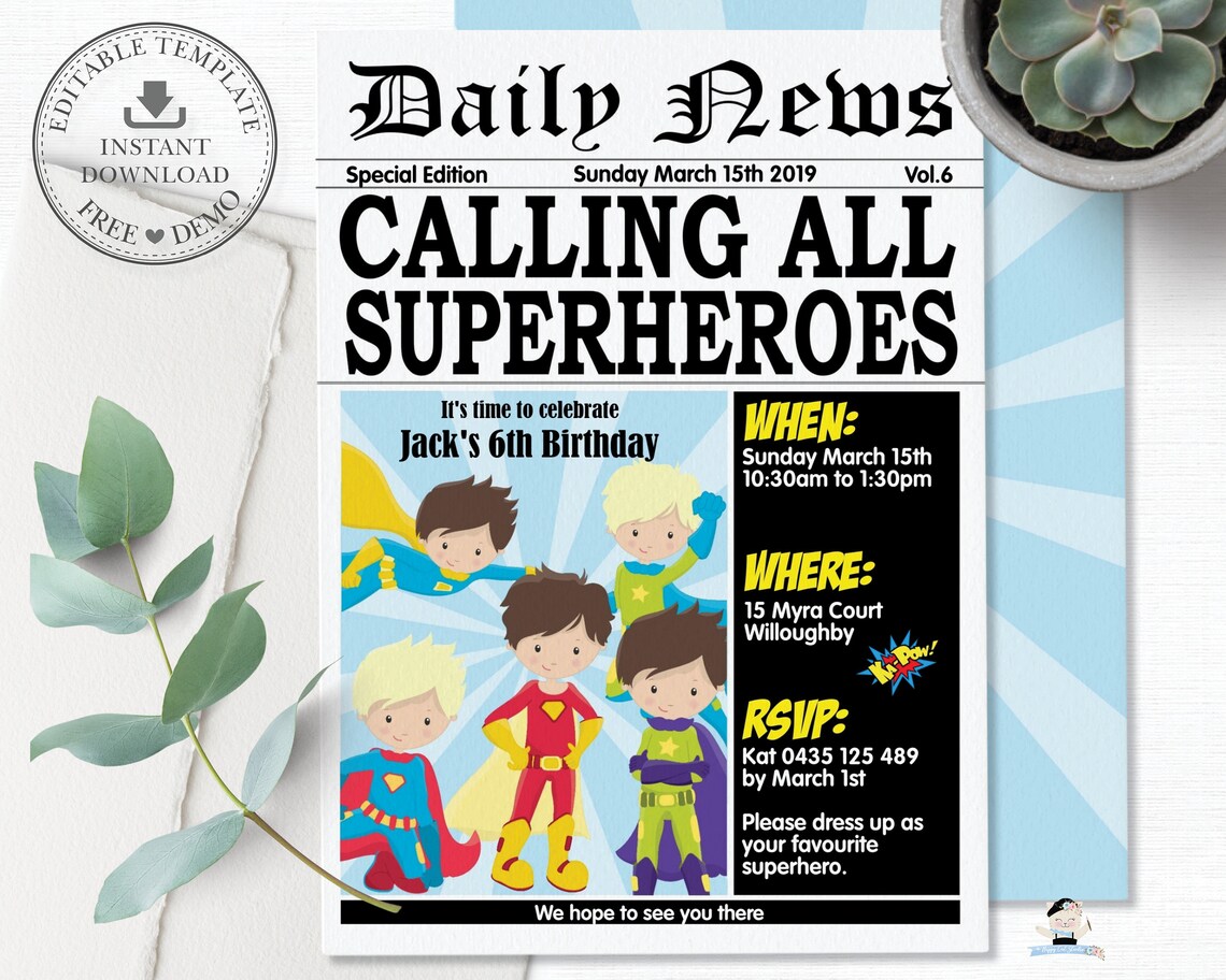EDITABLE TEMPLATE Superhero Invitation, Super Hero Printable, Boys 1st ...