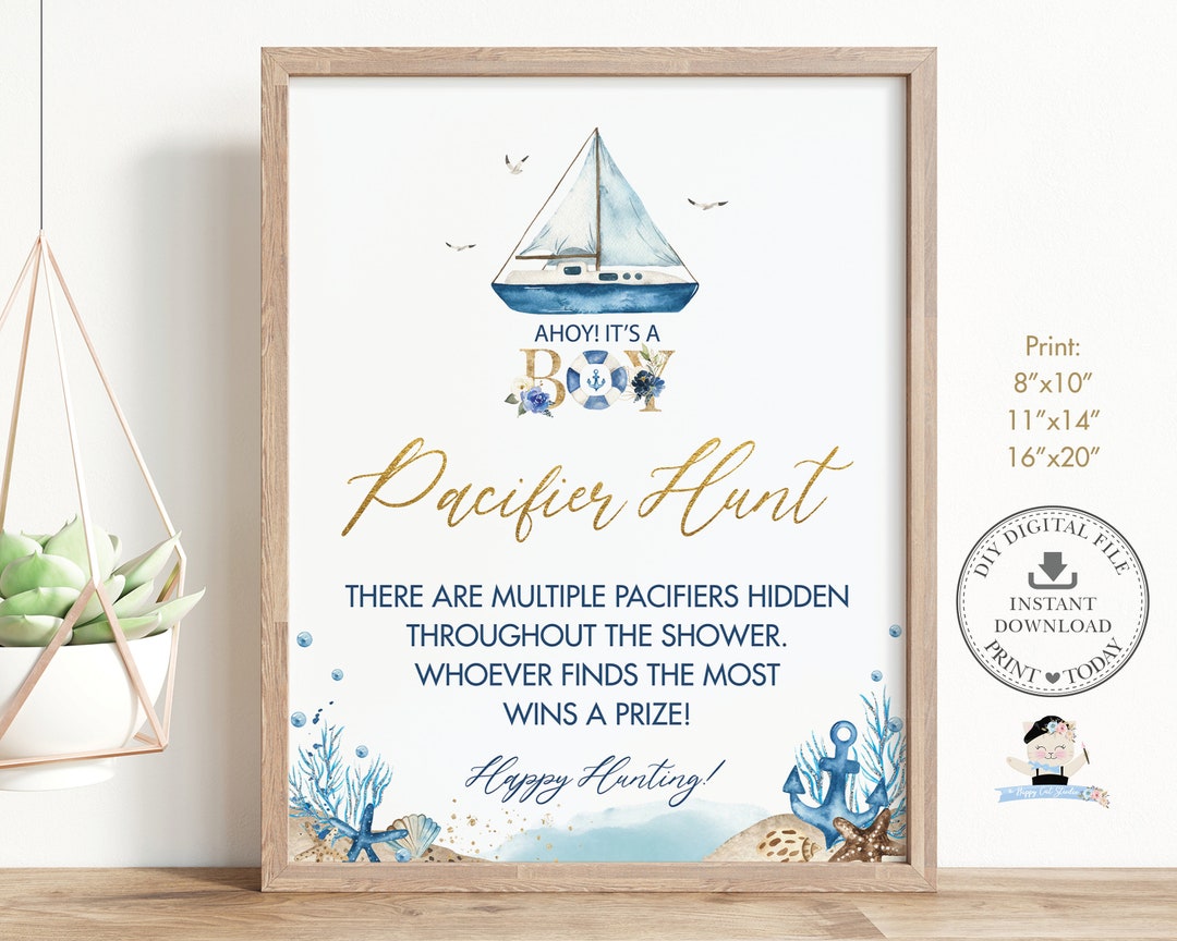 Nautical Blue Boat Pacifier Hunt Game Sign Printable, INSTANT DOWNLOAD ...