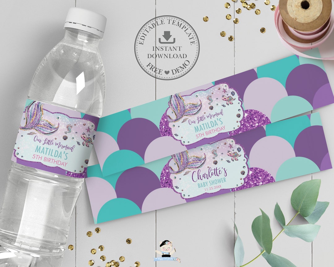 Mermaid Water Bottle Labels, EDITABLE TEMPLATE, Mermaid Tail Sticker ...
