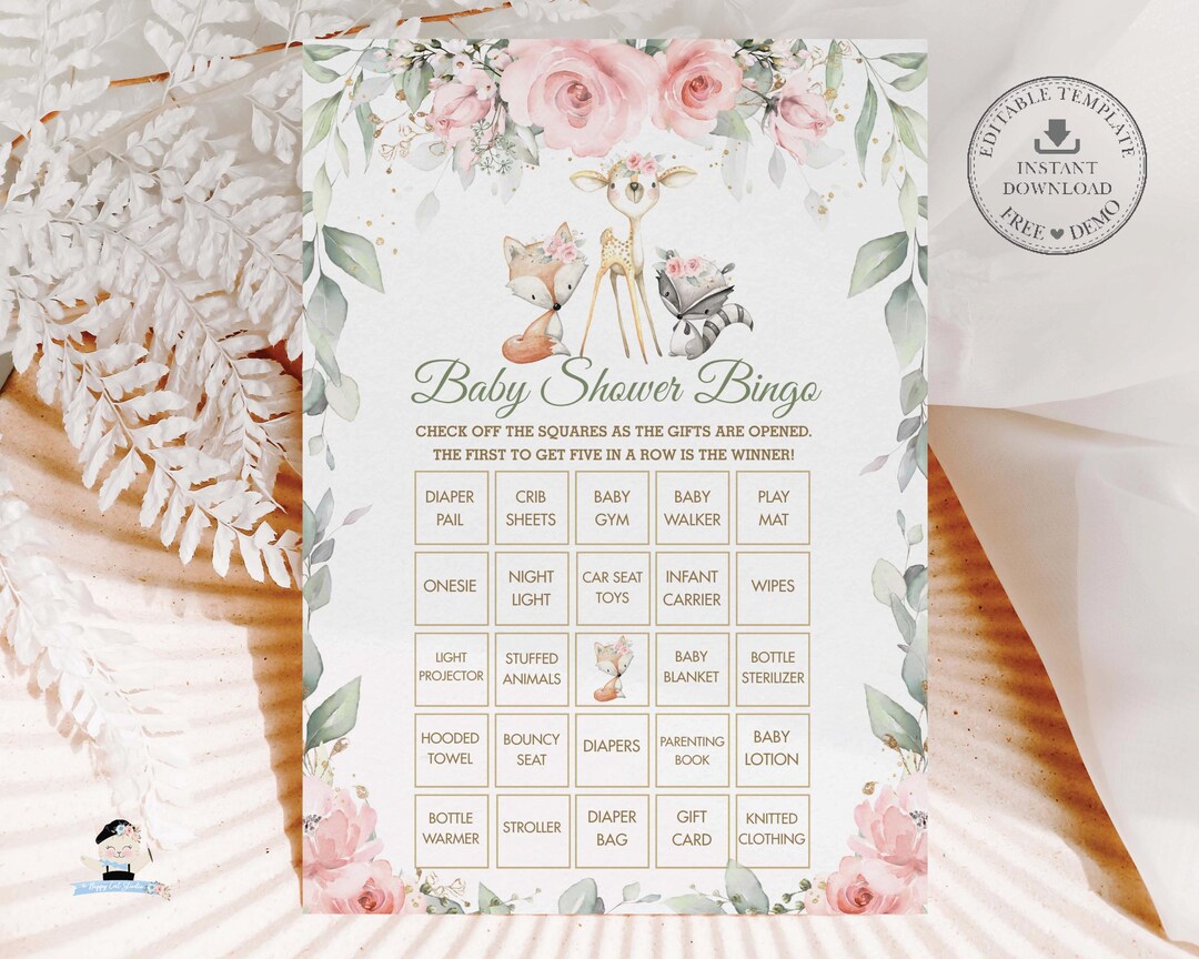 Woodland Animals Baby Shower Bingo Game, Blush Pink Floral Greenery ...