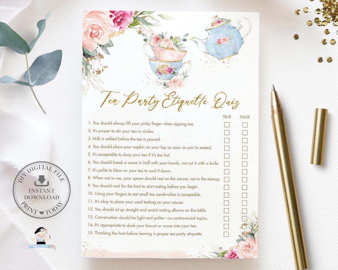 Tea Party Etiquette Quiz Bridal Baby Shower Birthday Game INSTANT ...