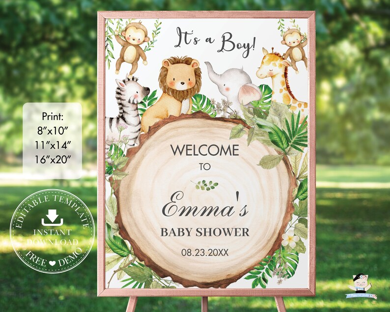 Jungle Animals Welcome Sign, EDITABLE TEMPLATE, Diy Forest Greenery ...