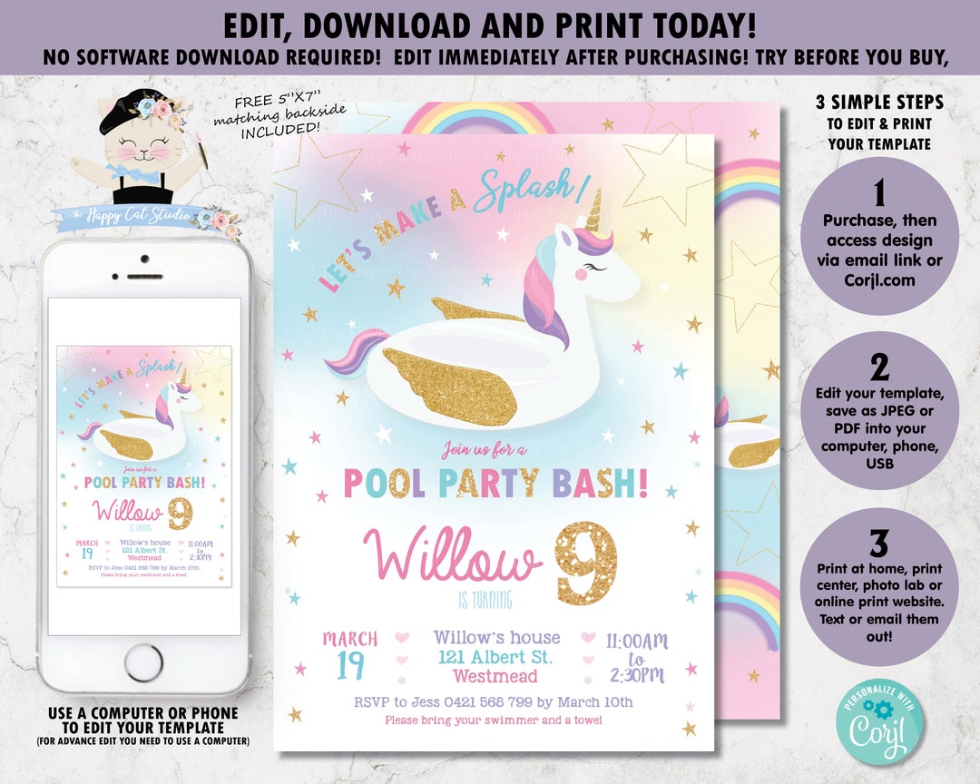 Unicorn Pool Party Invitation, Rainbow Unicorn Pool Party Invite ...