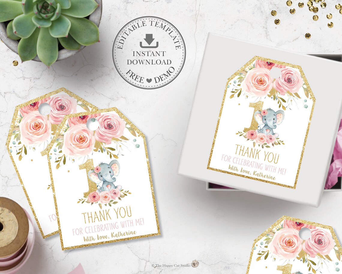 EDITABLE TEMPLATE Elephant 1st Birthday Thank You Gift Favor Tags ...