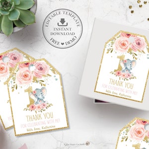 EDITABLE TEMPLATE Elephant 1st Birthday Thank You Gift Favor Tags ...