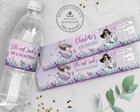 Mermaid & Pirate Water Bottle Labels, EDITABLE TEMPLATE, Sticker ...