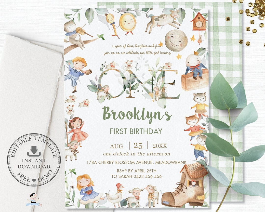 Nursery Rhyme 1st Birthday Invitation, EDITABLE TEMPLATE, Turning One ...