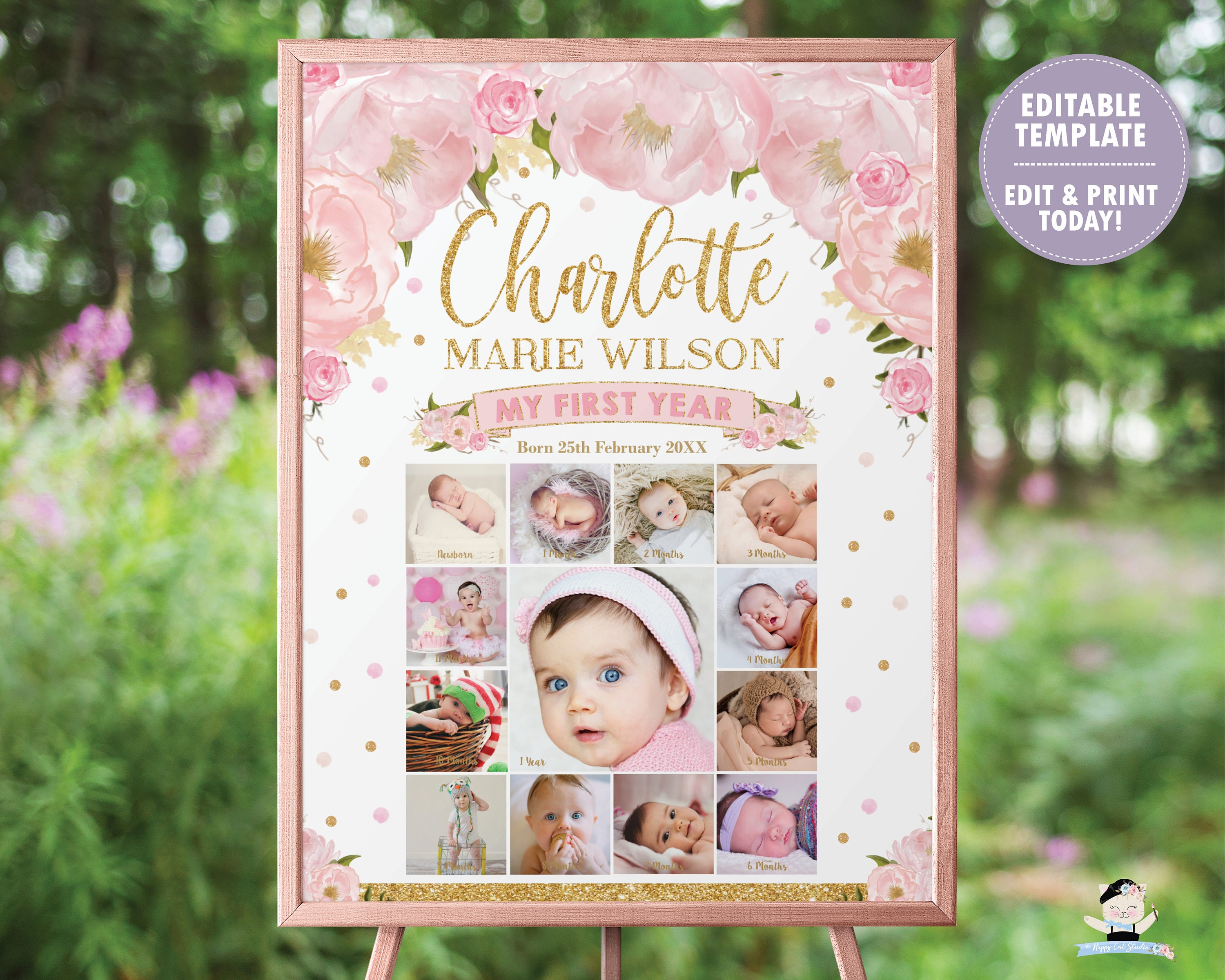 Baby Girl First Year Photo Collage, EDITABLE TEMPLATE, Pink Blush ...