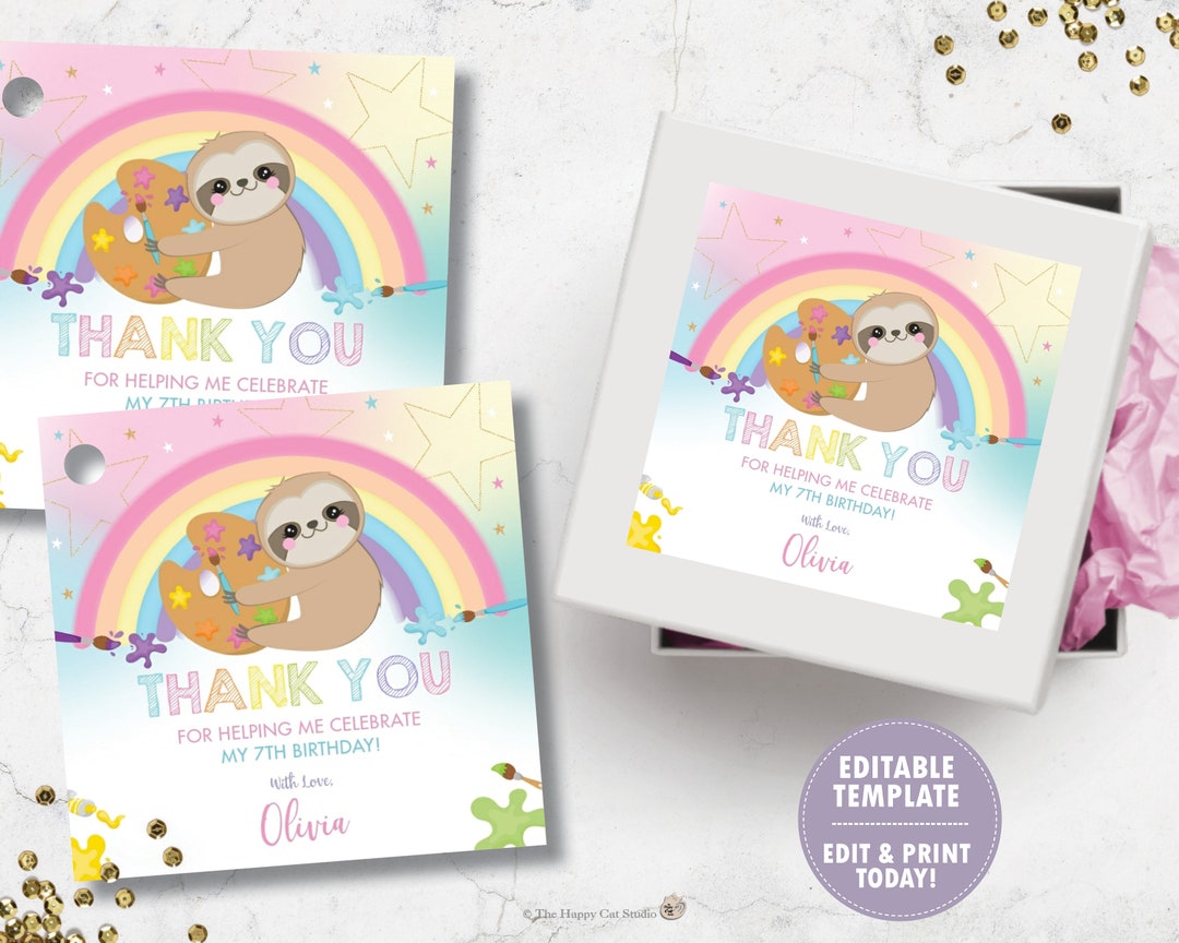 Art Party Thank You Tags EDITABLE TEMPLATE, Cute Sloth Paint Birthday ...