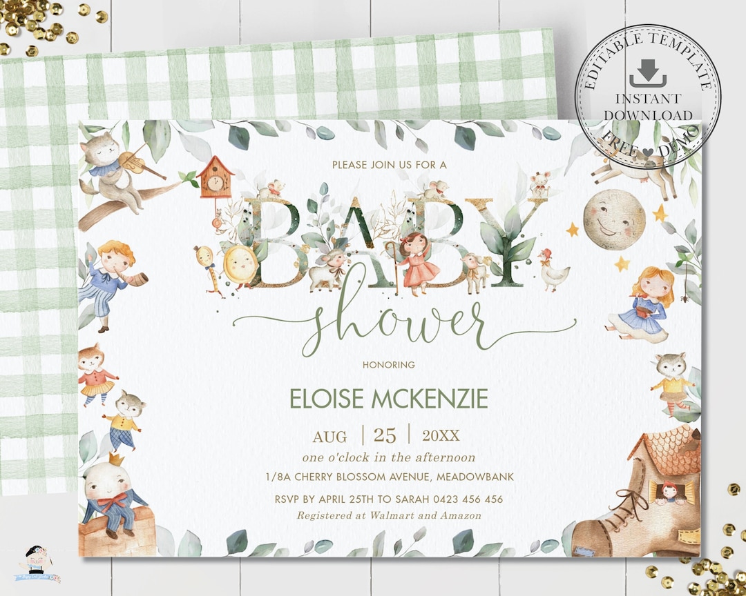 Nursery Rhyme Baby Shower Invitation, EDITABLE TEMPLATE, Cute Gender ...