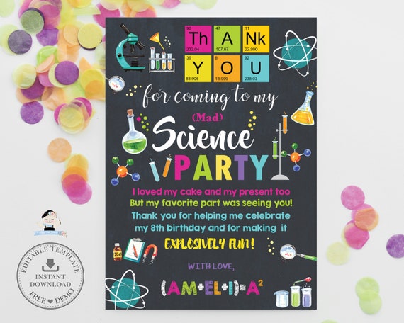 Mad Science Party Thank You Card Printable EDITABLE TEMPLATE ...