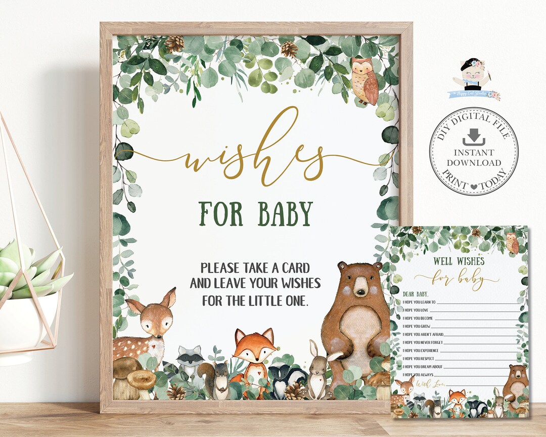 Woodland Animals Wishes for Baby Card and Sign, Rustic Forest Greenery ...