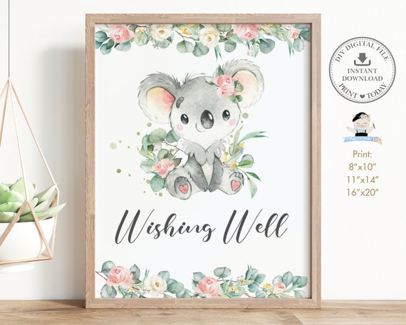 Wishing Well Sign, INSTANT DOWNLOAD, Pink Floral Greenery Cute Koala ...