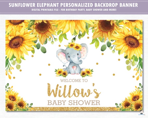 Elephant Backdrop Banner Printable, Sunflower Yellow Floral Baby Shower ...