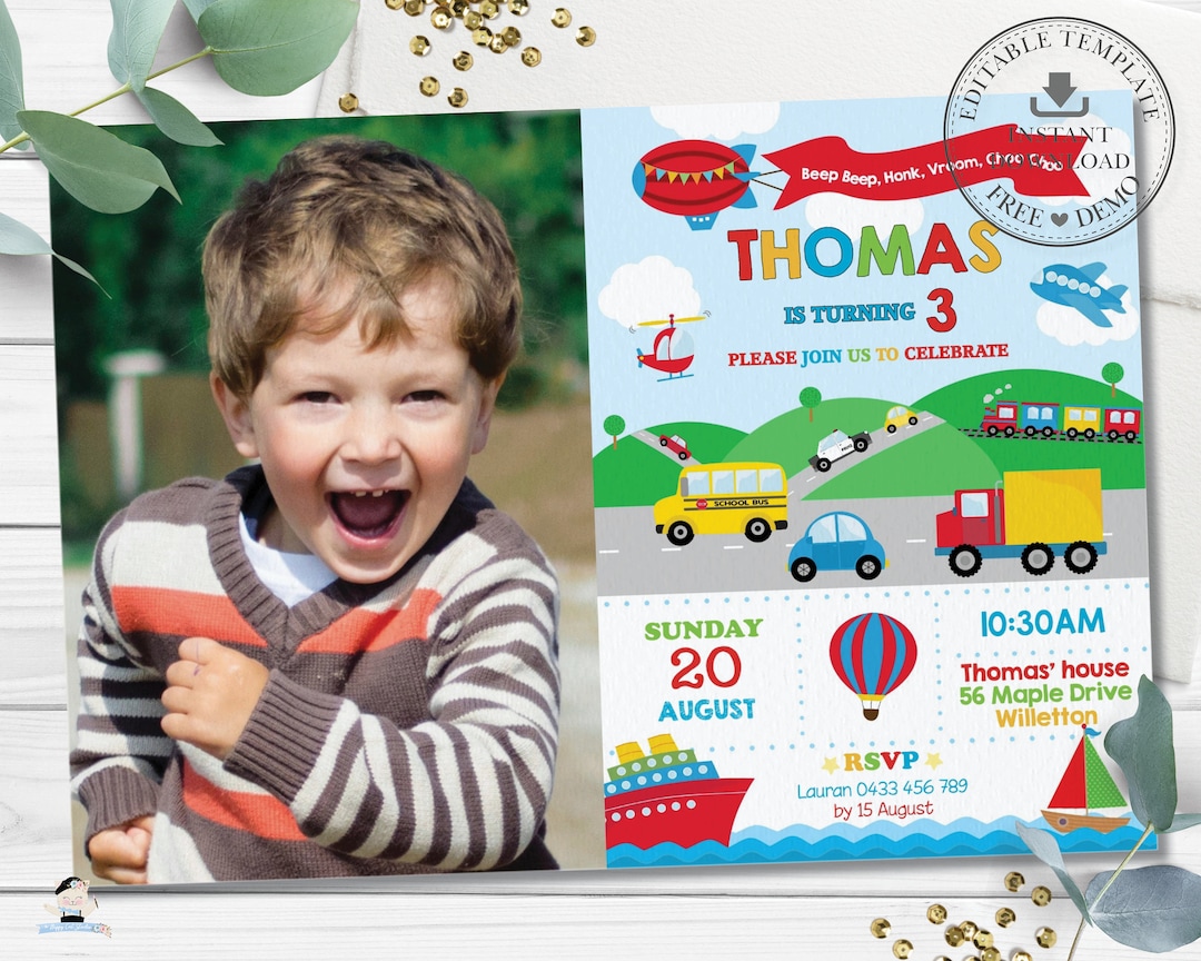 Transportation Birthday Party Invitation, EDITABLE TEMPLATE, Vibrant ...