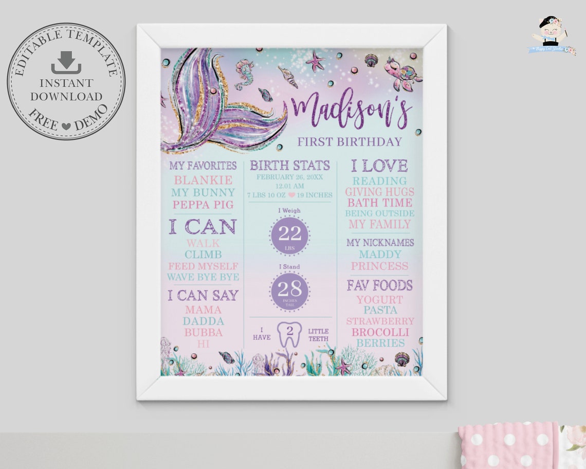 Mermaid Tail 1st Birthday Milestone Sign, EDITABLE TEMPLATE, Birth ...
