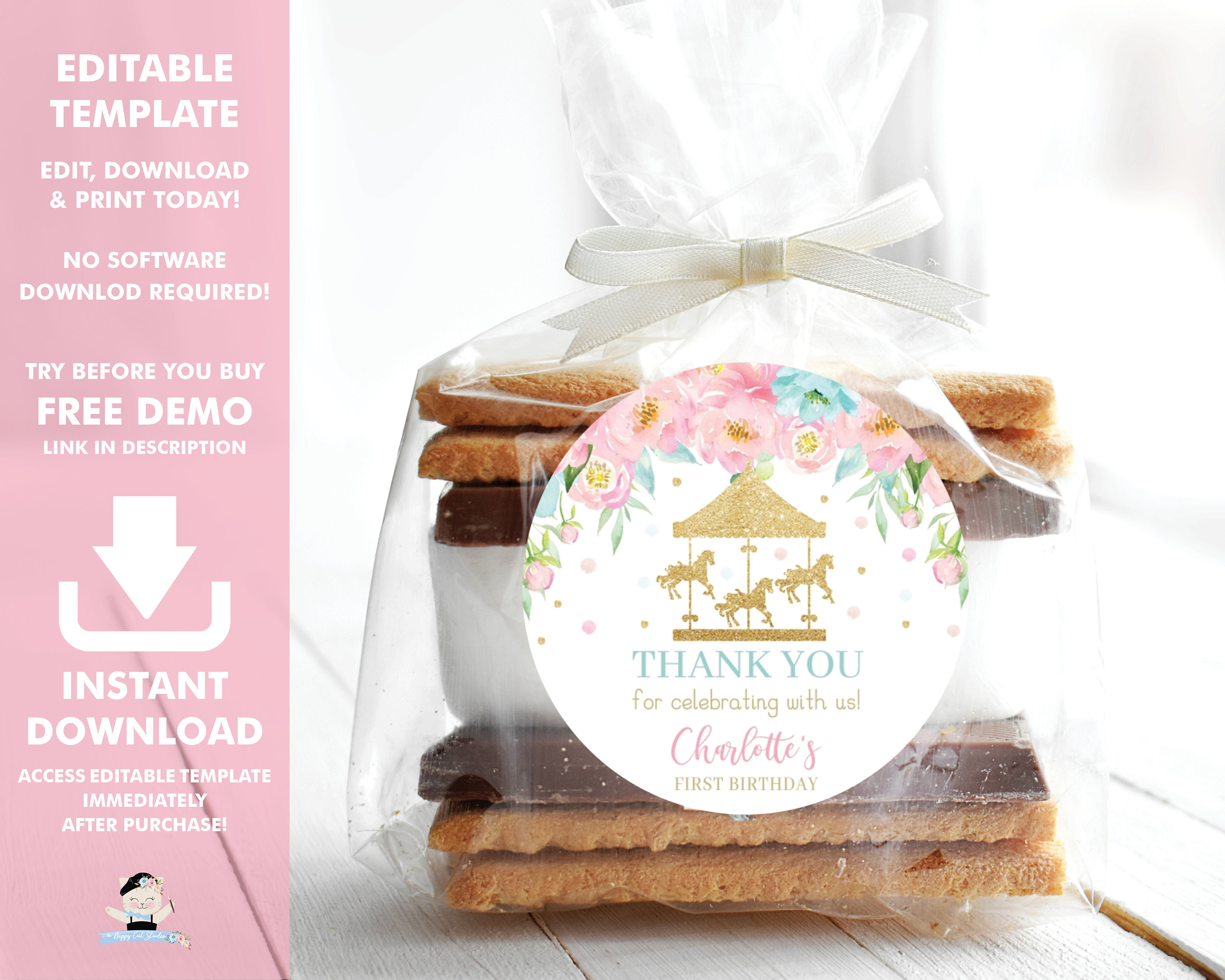 Carousel Circle Label 2 Inches, EDITABLE TEMPLATE, Merry Go Round 1st ...